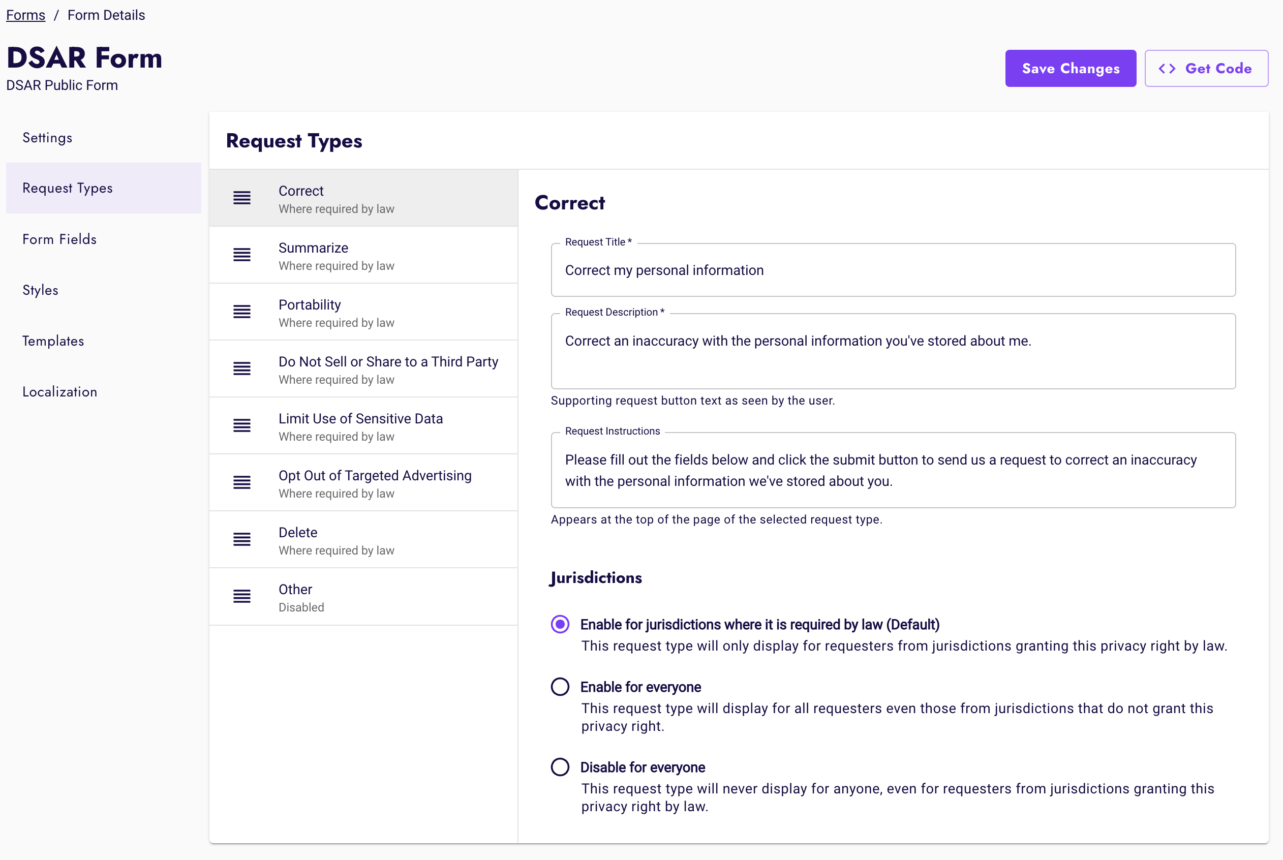 DSAR Forms - Request Types – Osano